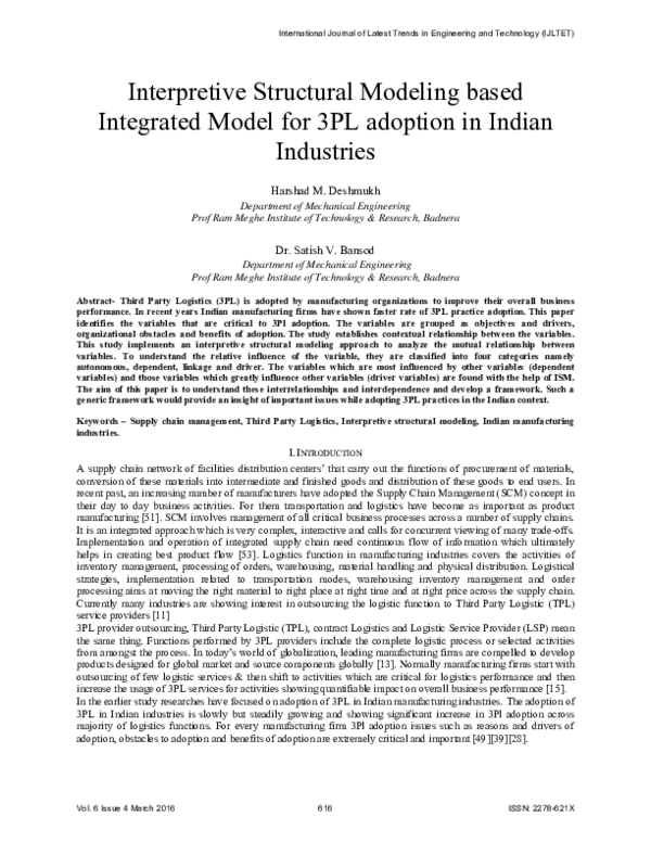 (PDF) Interpretive Structural Modeling based Integrated Model for 3PL adoption in Indian Industries