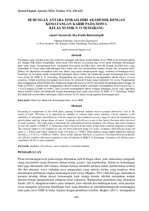 (PDF) Hubungan Antara Efikasi Diri Akademik Dengan Kematangan Karir Pada Siswa Kelas XI SMK N 11 ...