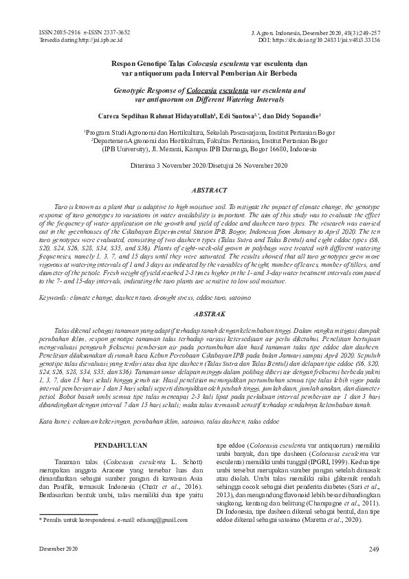 (PDF) Respon Genotipe Talas Colocasia esculenta var esculenta dan var ...