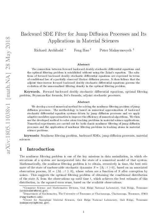 (PDF) Backward SDE Filter for Jump Diffusion Processes and Its ...
