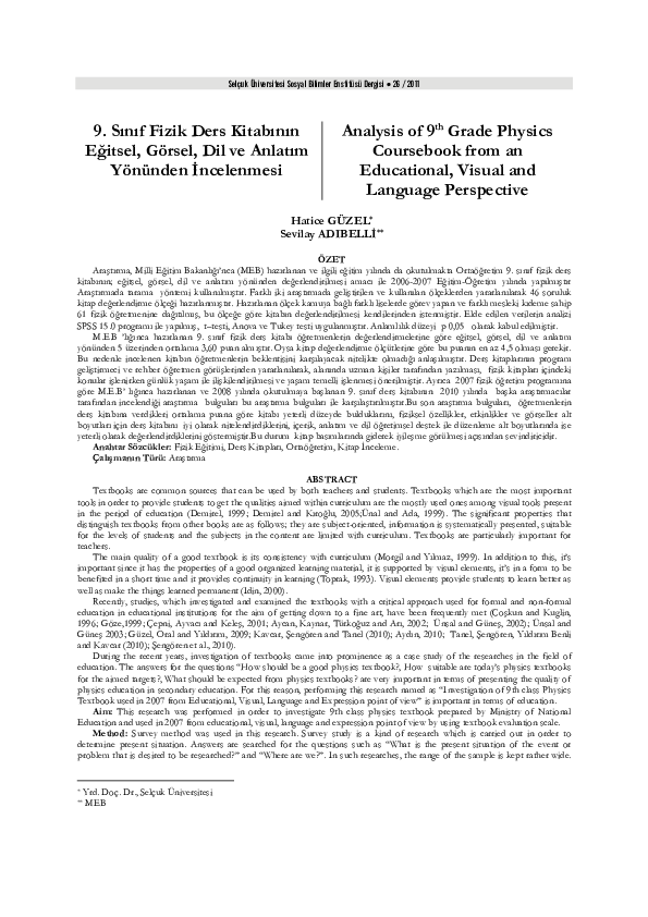 (PDF) 9. Sinif Fizik Ders Kitabinin Eğitsel, Görsel, Dil ve Anlatim Yönünden İncelenmesi ...