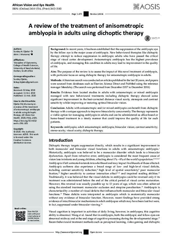 (PDF) A review of the treatment of anisometropic amblyopia in adults using dichoptic therapy