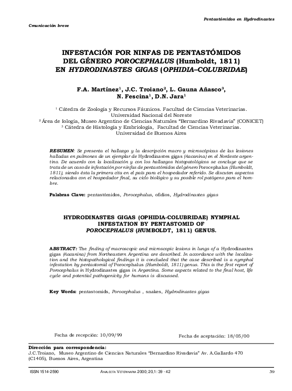 (PDF) Infestación por ninfas de pentástomidos del género Porocephalus ...