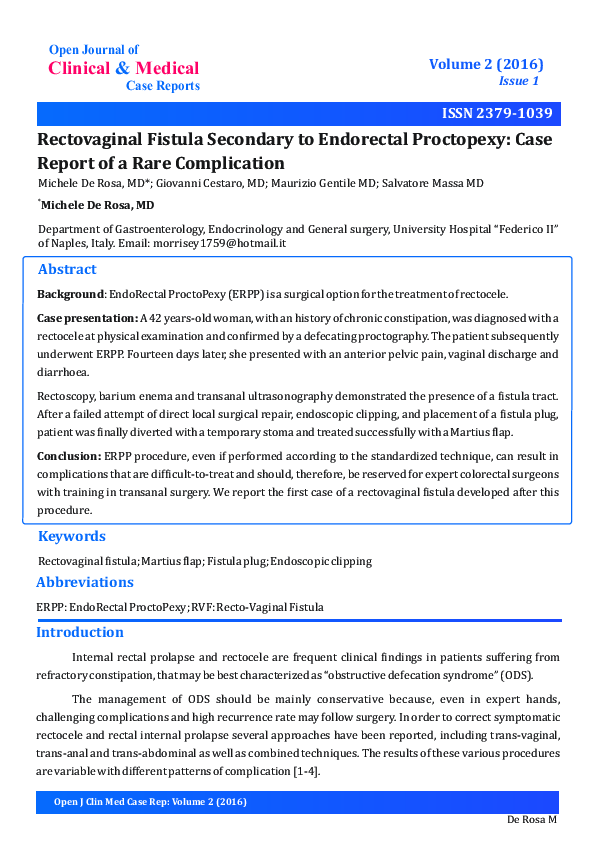 (PDF) Rectovaginal Fistula Secondary to Endorectal Proctopexy : Case ...