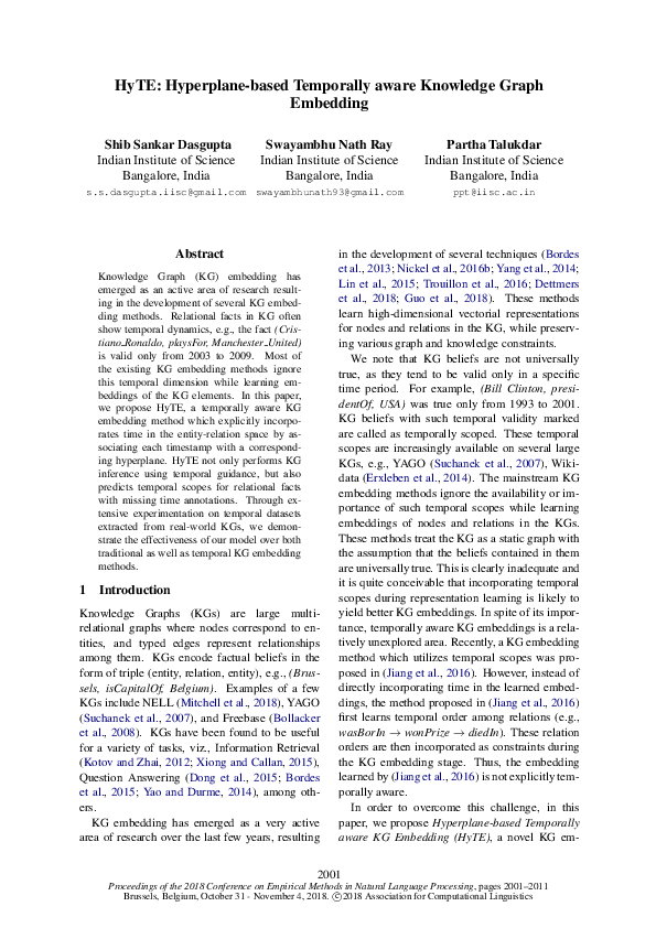 (PDF) HyTE: Hyperplane-based Temporally aware Knowledge Graph Embedding