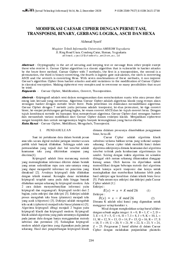 (PDF) Modifikasi Caesar Cipher dengan Permutasi, Transposisi, Binary ...