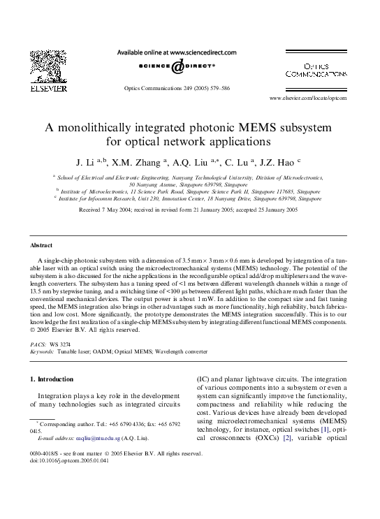 (PDF) A monolithically integrated photonic MEMS subsystem for optical network applications
