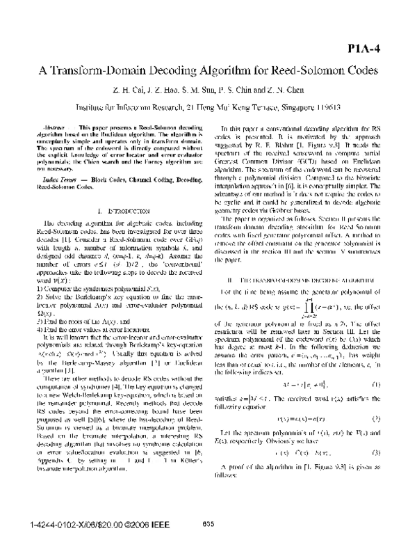Pdf A Transform Domain Decoding Algorithm For Reed Solomon Codes