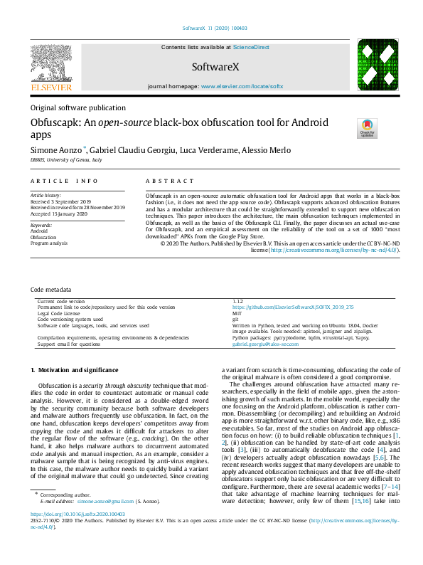 (PDF) Obfuscapk: An open-source black-box obfuscation tool for Android apps