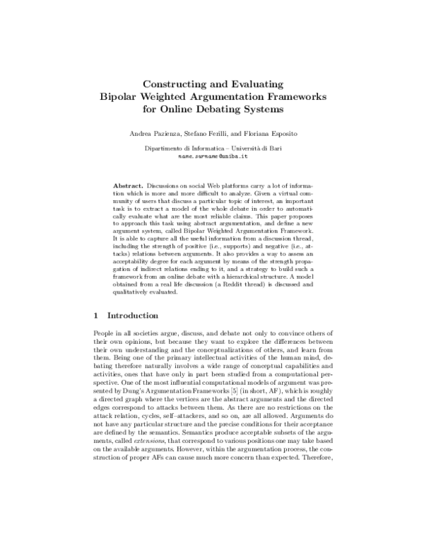 Pdf Constructing And Evaluating Bipolar Weighted Argumentation Frameworks For Online Debating