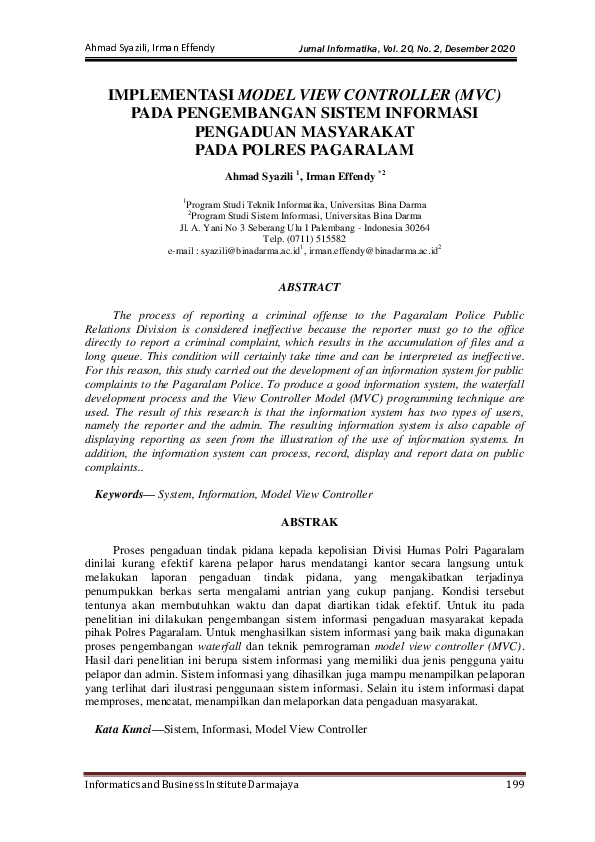 Pdf Implementasi Model View Controller Mvc Pada Pengembangan Sistem Informasi Pengaduan