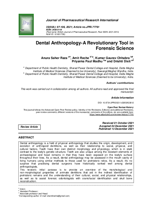 (PDF) Dental Anthropology-A Revolutionary Tool in Forensic Science