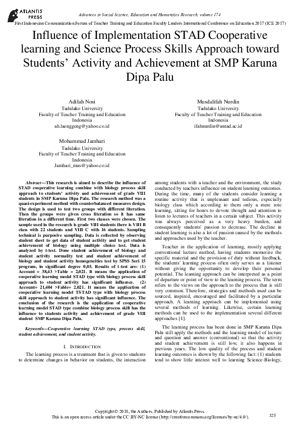 (PDF) Influence of Implementation STAD Cooperative learning and Science Process Skills Approach ...