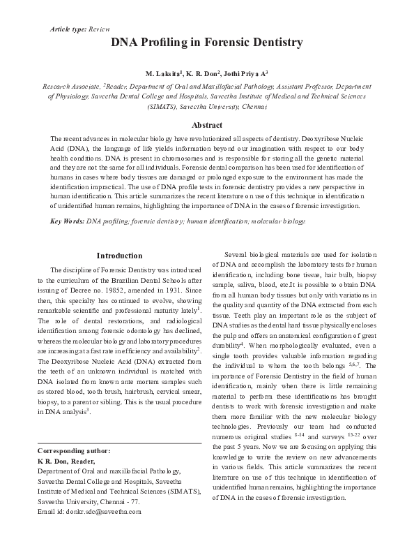 (PDF) DNA Profiling in Forensic Dentistry