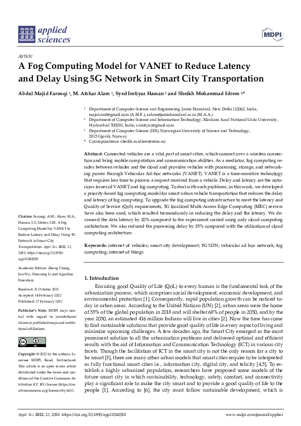 (PDF) A Fog Computing Model for VANET to Reduce Latency and Delay Using 5G Network in Smart City ...