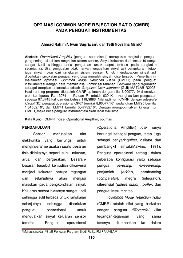 (PDF) Optimasi Common Mode Rejection Ratio (CMRR) Pada Penguat ...