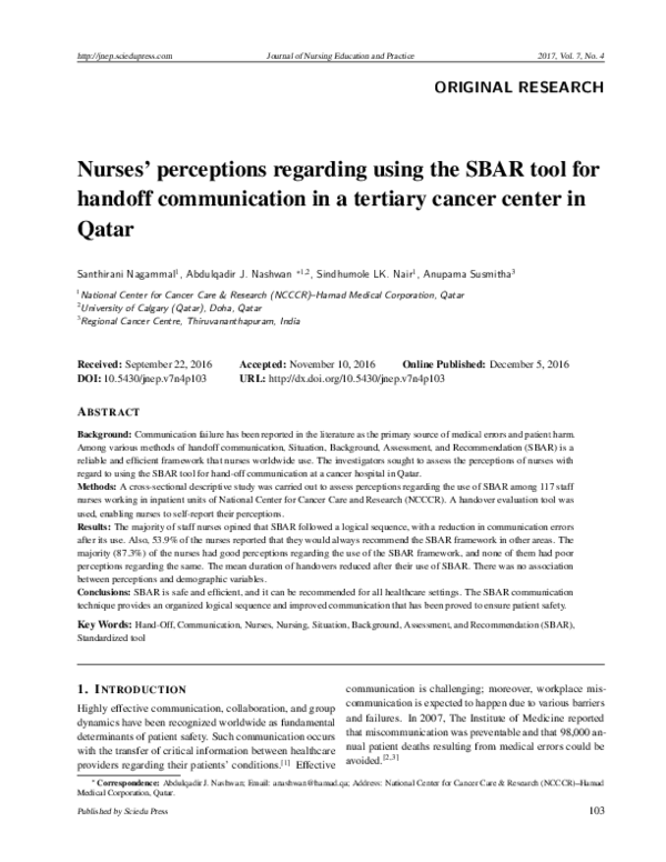 (PDF) Nurses’ perceptions regarding using the SBAR tool for handoff ...