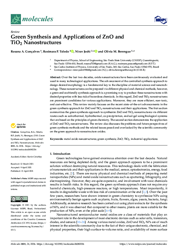 Pdf Green Synthesis And Applications Of Zno And Tio2 Nanostructures Nirav Joshi