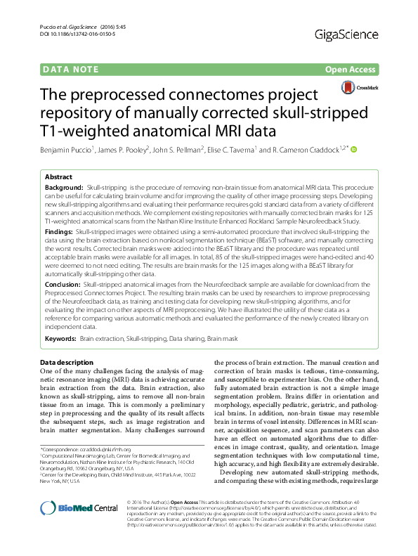 (PDF) The preprocessed connectomes project repository of manually corrected skull-stripped T1 ...