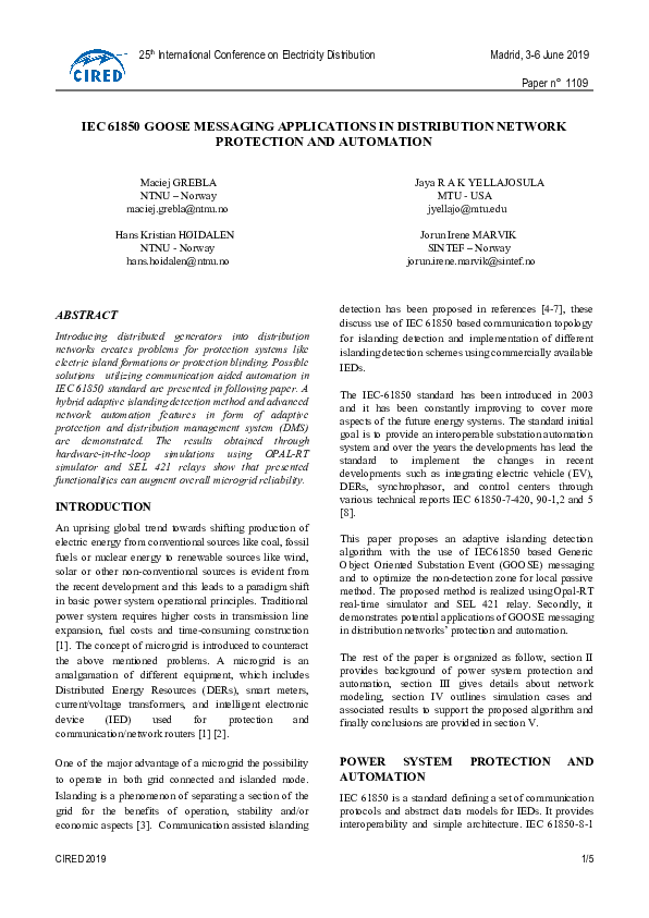 (PDF) Iec 61850 Goose Messaging Applications in Distribution Network Protection and Automation