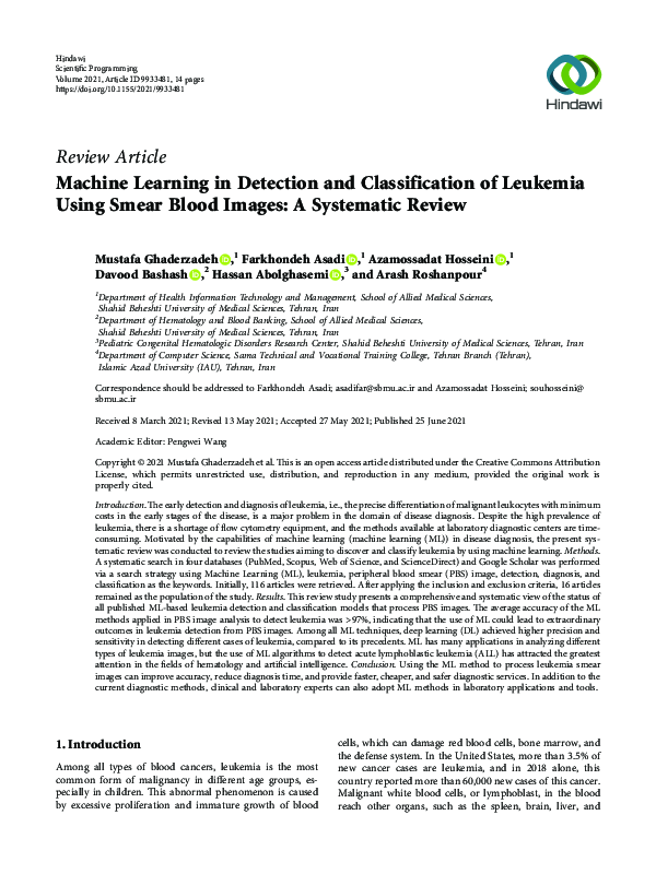 (PDF) Machine Learning in Detection and Classification of Leukemia Using Smear Blood Images: A ...