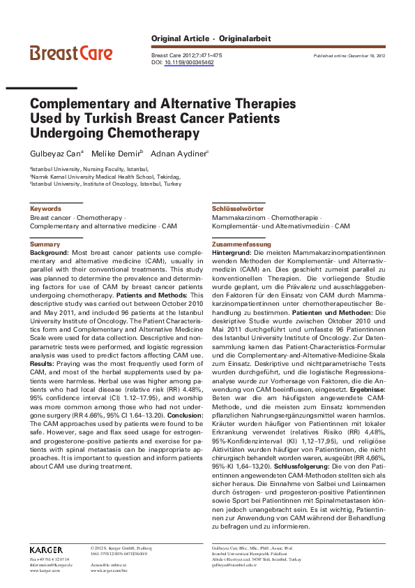 (PDF) Complementary and Alternative Therapies Used by Turkish Breast ...
