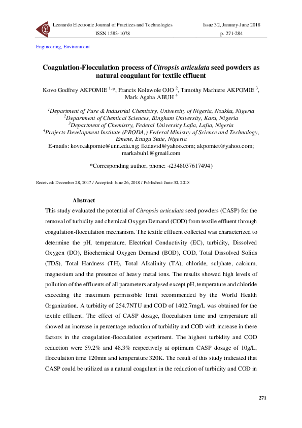 (PDF) Coagulation-Flocculation process of Citropsis articulata seed powders as natural coagulant ...