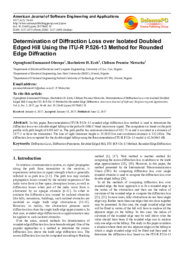 (PDF) Determination of Diffraction Loss over Isolated Doubled Edged Hill Using the ITU-R P.526 ...