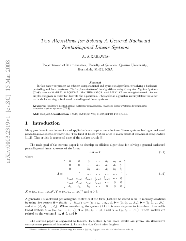 Pdf Two Algorithms For Solving A General Backward Pentadiagonal Linear Systems