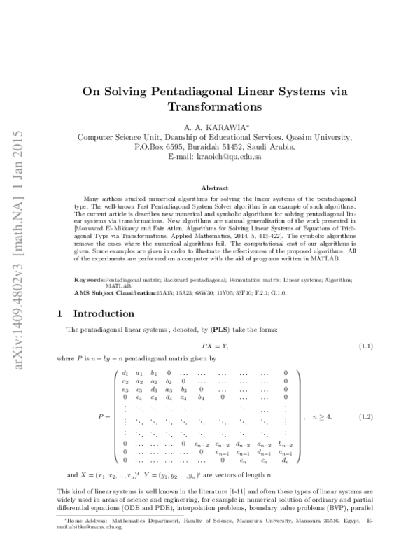 (PDF) 4 On Solving Pentadiagonal Linear Systems via Transformations