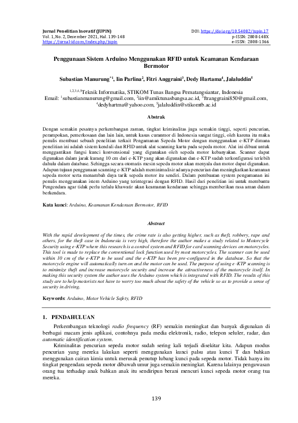 Pdf Penggunaan Sistem Arduino Menggunakan Rfid Untuk Keamanan Kendaraan Bermotor