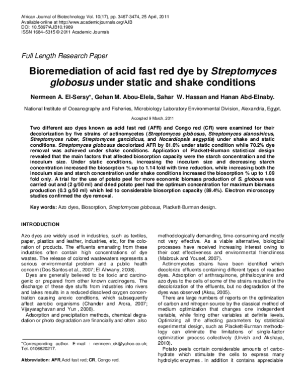 (PDF) Bioremediation of acid fast red dye by Streptomyces globosus ...