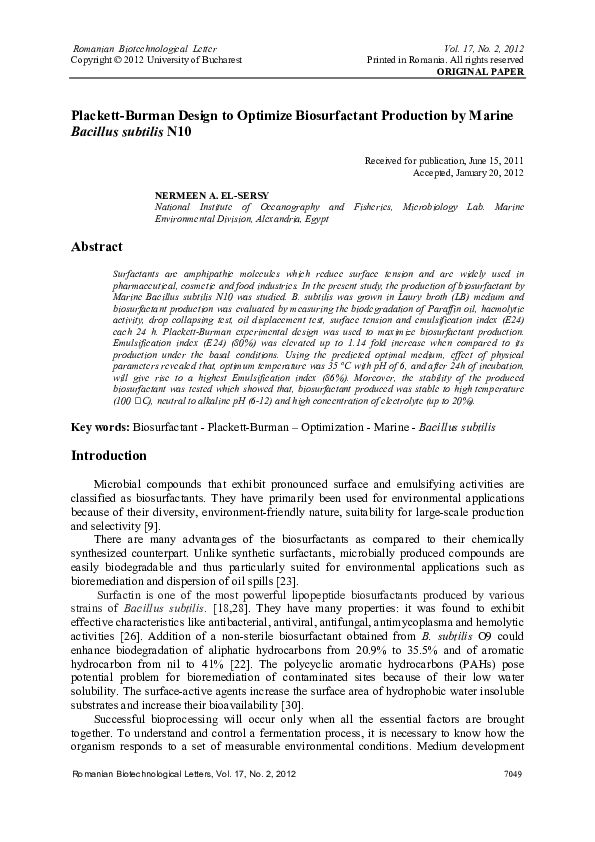 (PDF) Plackett-Burman Design to Optimize Biosurfactant Production by Marine Bacillus subtilis N10