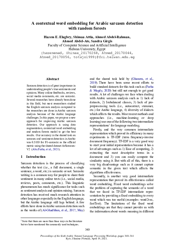 Pdf A Contextual Word Embedding For Arabic Sarcasm Detection With Random Forests