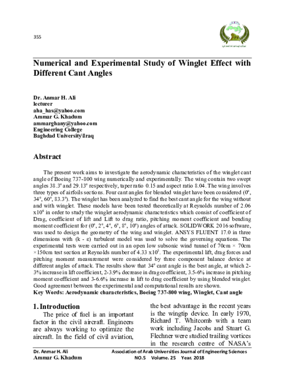 (PDF) Numerical and Experimental Study of Winglet Effect with Different Cant Angles