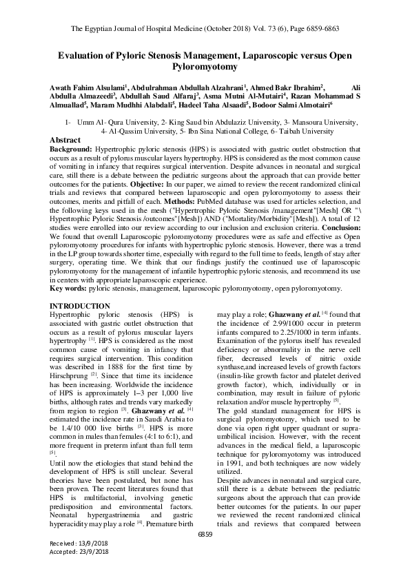(PDF) Evaluation of Pyloric Stenosis Management, Laparoscopic versus ...