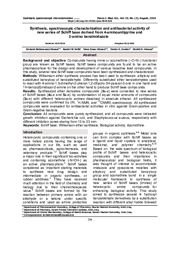 (PDF) New Schiff Bases from 4-Aminoantipyrine: Synthesis & Antibacterial Activity