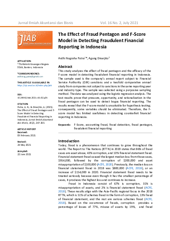 (PDF) The Effect of Fraud Pentagon and F-Score Model in Detecting ...