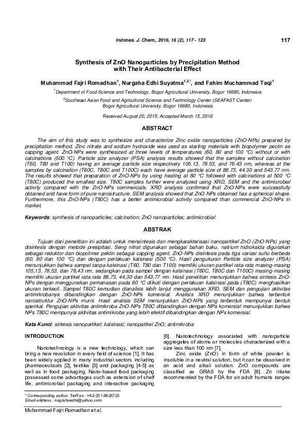(PDF) Synthesis of ZnO Nanoparticles by Precipitation Method with Their ...