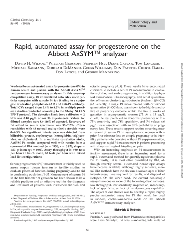 (PDF) Rapid, automated assay for progesterone on the Abbott AxSYM