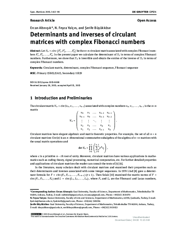 Pdf Determinants And Inverses Of Circulant Matrices With Complex Fibonacci Numbers Nihan