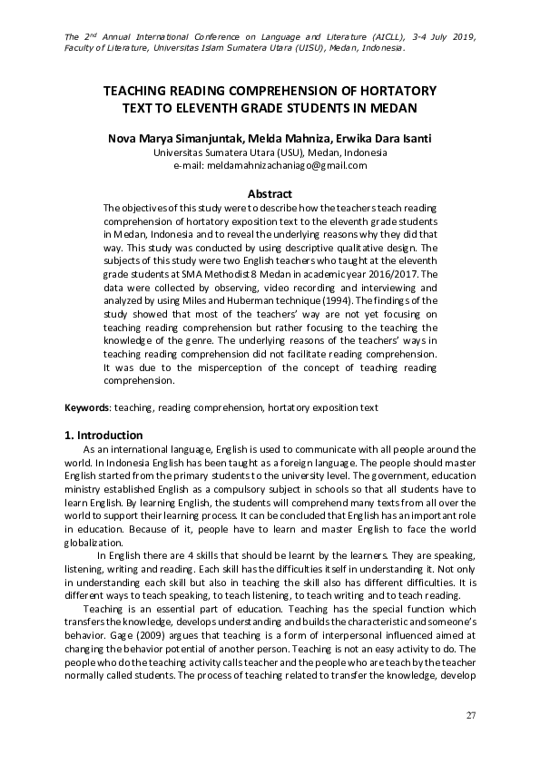 (PDF) Teaching Reading Comprehension of Hortatory Text to Eleventh ...