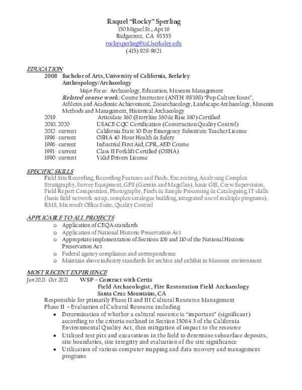 (PDF) Archaeology Resume SPERLING 2022