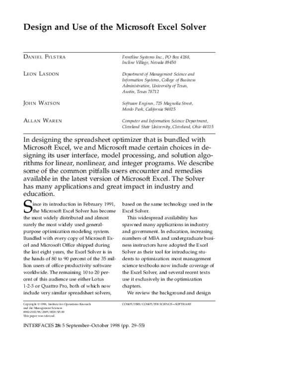 (PDF) Design and use of the Microsoft Excel Solver
