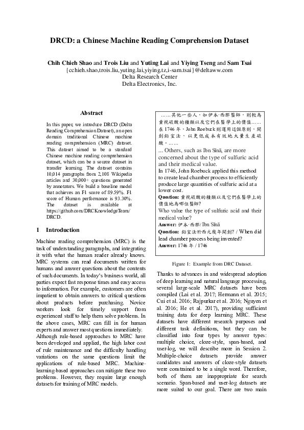 (PDF) DRCD: a Chinese Machine Reading Comprehension Dataset | Trois Liu - Academia.edu