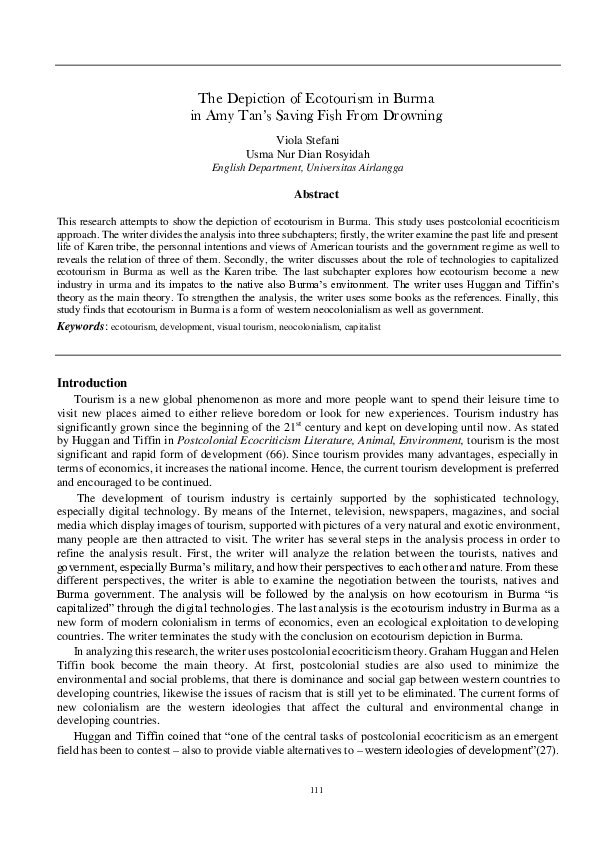 (PDF) The Depiction of Ecotourism in Burma in Amy Tan’s Saving Fish ...