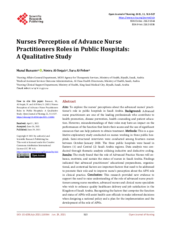(PDF) Nurses Perception of Advance Nurse Practitioners Roles in Public Hospitals: A Qualitative ...