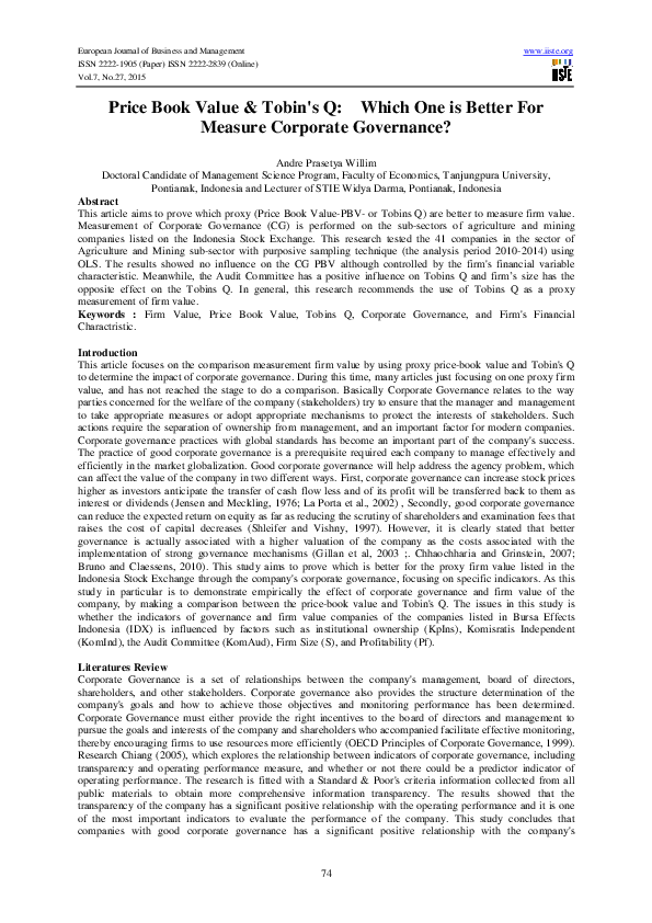 (PDF) Price Book Value & Tobin's Q: Which One is Better For Measure ...