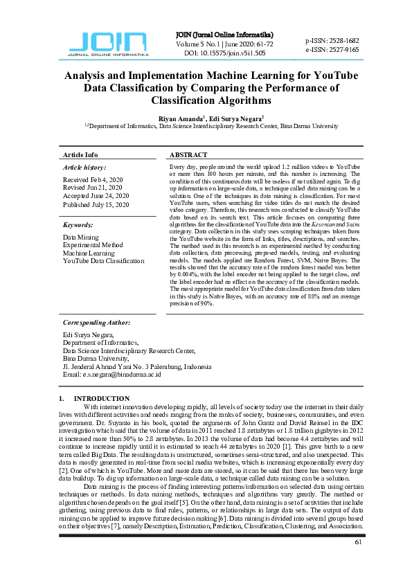 (PDF) Analysis and Implementation Machine Learning for YouTube Data Classification by Comparing ...
