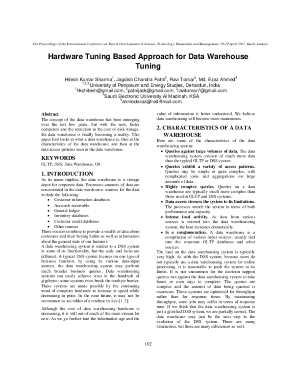 (PDF) Hardware Tuning Based Approach for Data Warehouse Tuning